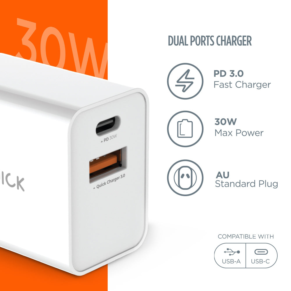 iQuick 30W PD3.0+QC3.0 Dual Port Charger - White – Umall - Australia's Largest Online Asian ...