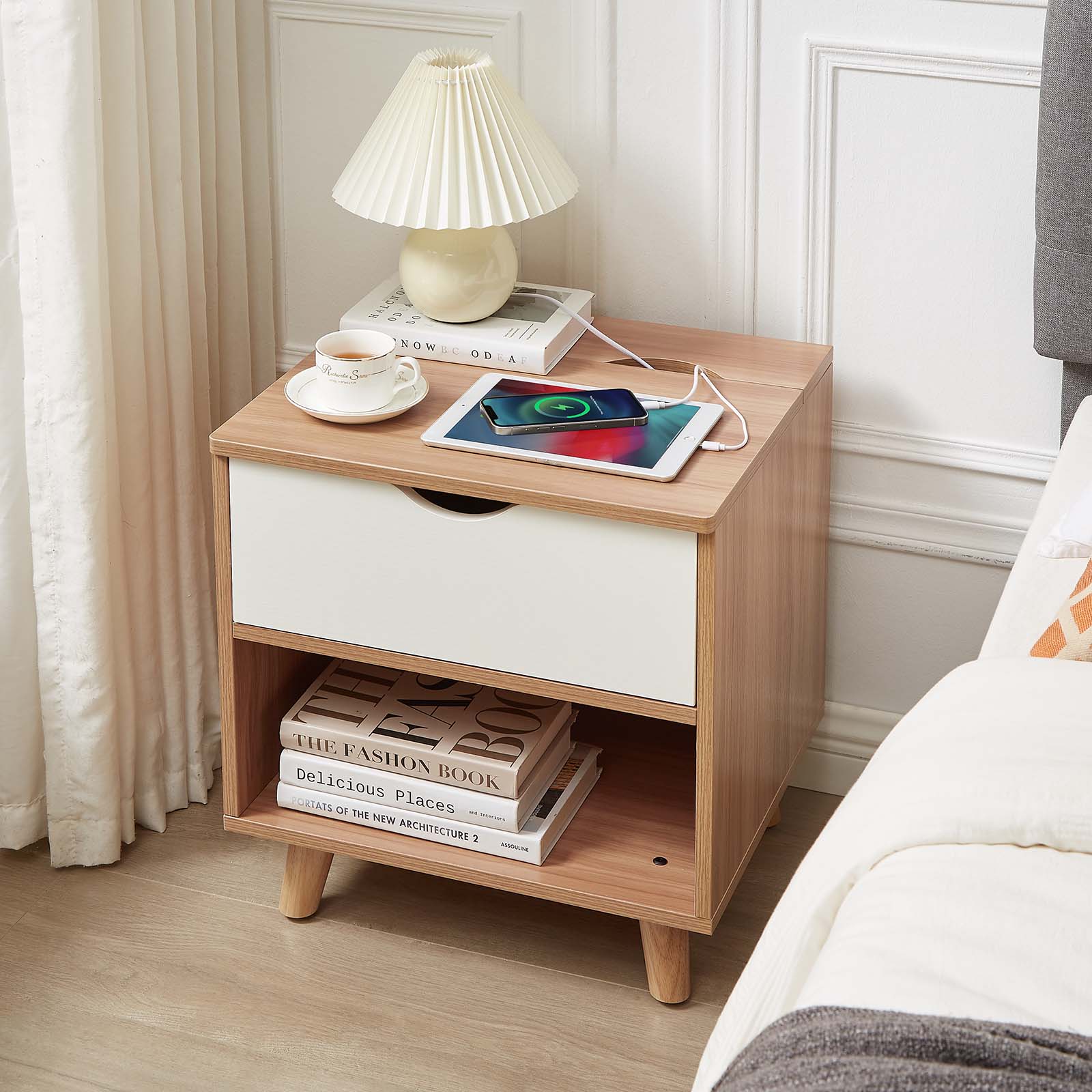 Casadiso Bedside Table with Charging Station Smart Side Table with Int ...